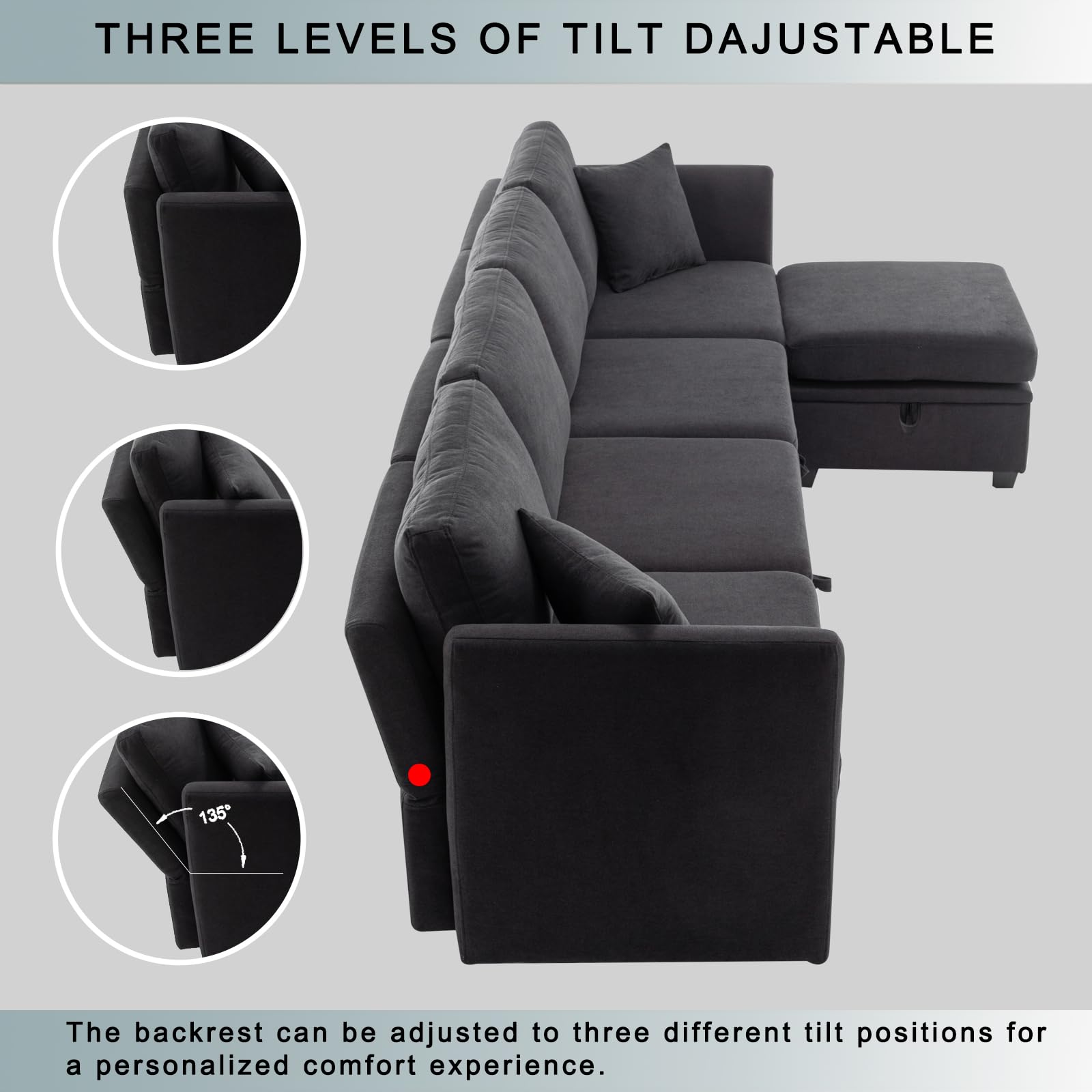 ZIGHTH Modular Sectional Living Room Sofa Couch Set, Convertible L Shaped Sofa Couch with Storage, 5 Seater Modular Sectionals Sofa Couch with Chaise and Adjustable Backrest. Dark Grey