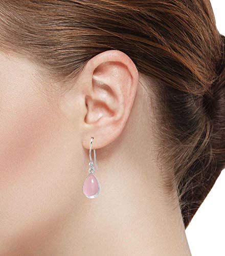 JEWELOPORIUM Pink Rose Quartz 925 Sterling Silver Earring for Women Stone Drop Dangle Handmade Silver Earring Birthday Gift Cocktail Jewelry