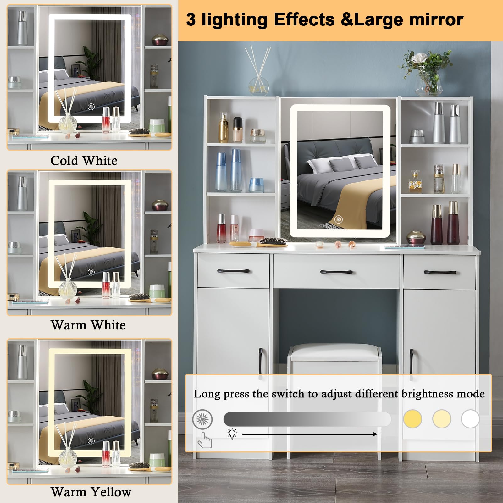 Hikooo Large Makeup Vanity 42" W Dresser with Lights and Mirror, 2 Large Drawer & Six Level Storage Dresser, 3 Color Lighting Modes Adjustable Brightness Bedroom Dressing Table - White