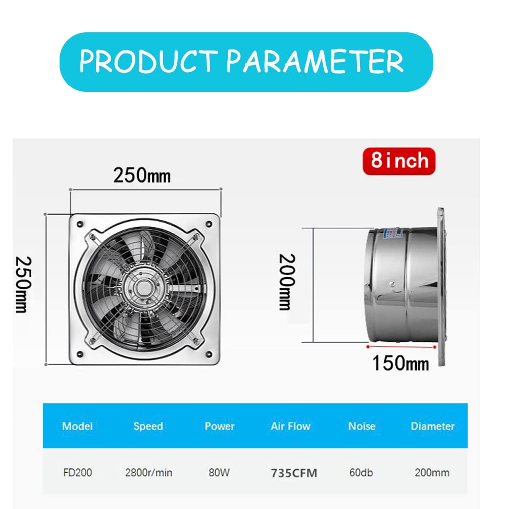 RLOZUI 8 inch Exhaust Fan, 735CFM Wall Mounted Vent Fans, Ventilation Fan Bathroom Garage Attic Exhaust Fan Ceiling and Wall Mount Fan for Kitchen/Bathroom, 110V 80W