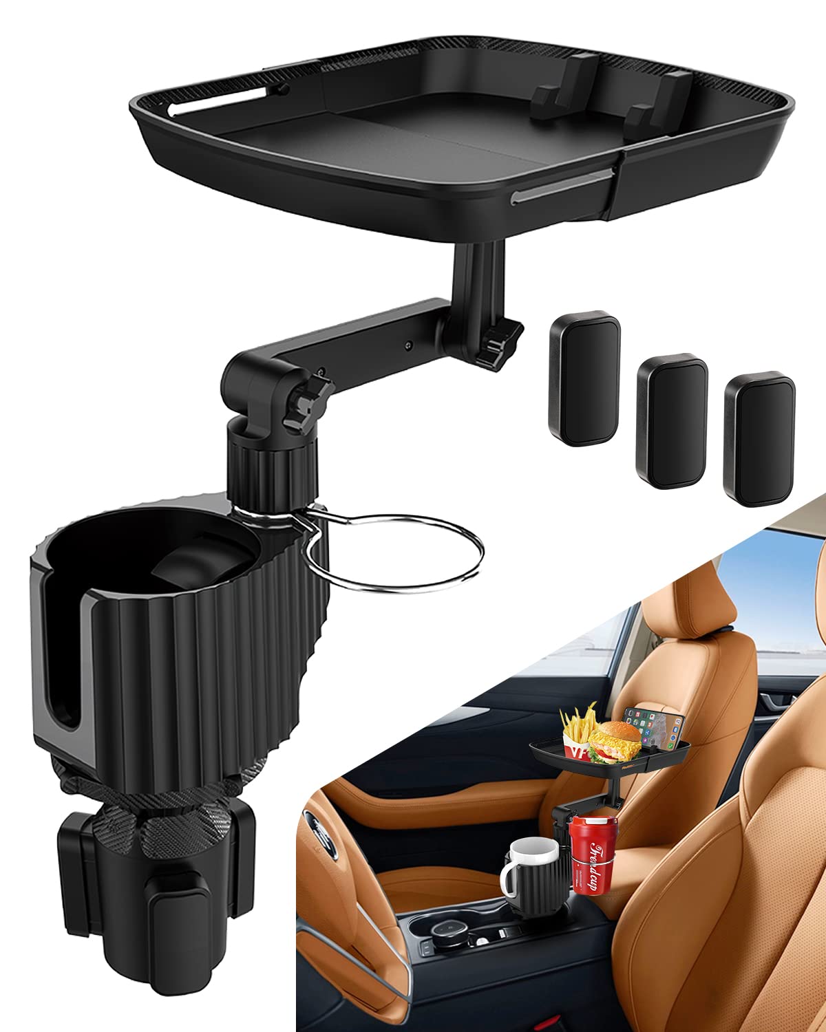 IPOW 4-in-1 Car Cup Holder Expander Tray,Detachable Upgraded Food Tray Expandable Dual Cup with Phone Holder,360°Rotation Adjustable Base,Road Trip Essentials Accessories for Drinking and Eating