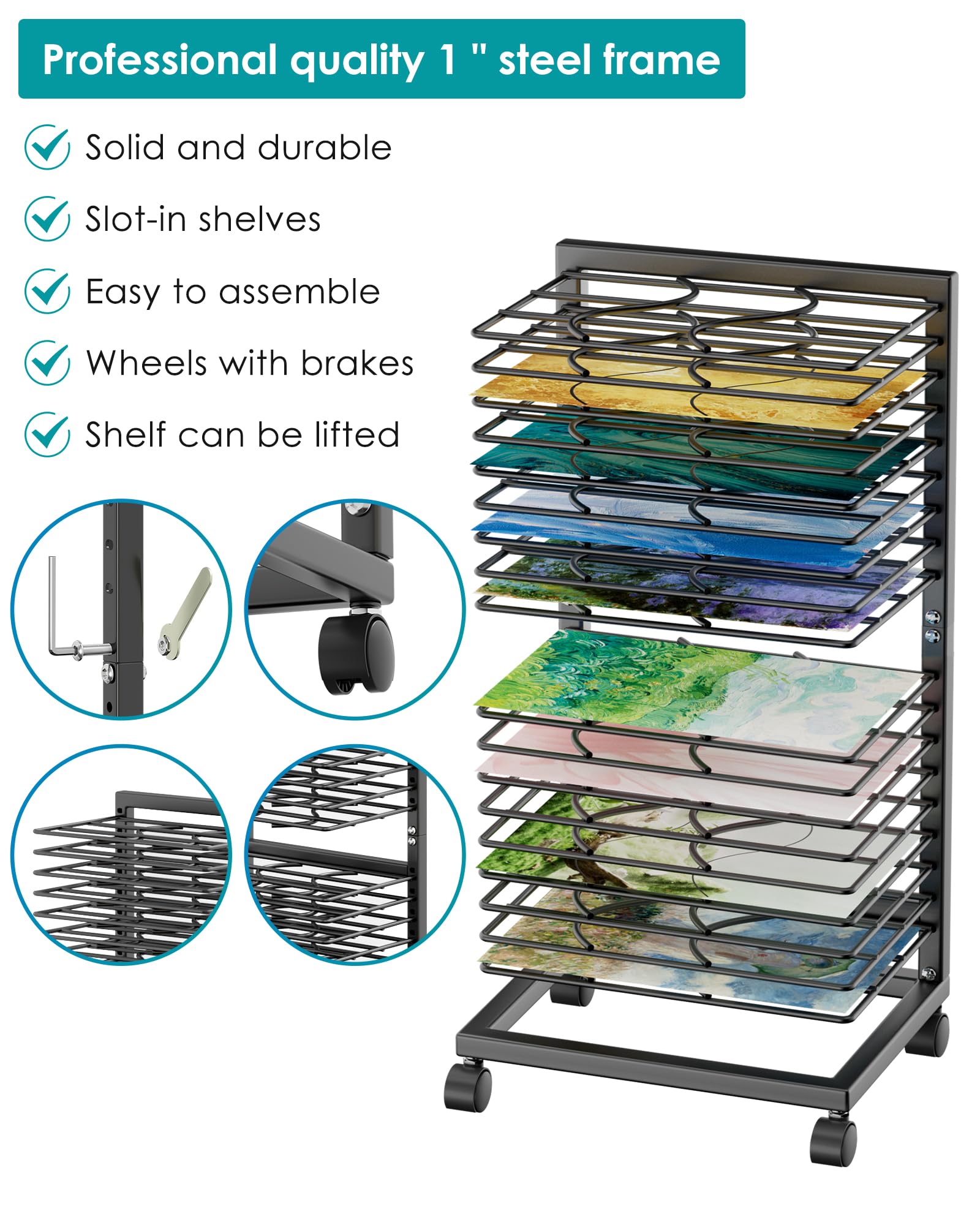 WISIMMALL Art Drying Rack for Classroom,18 Removable Shelves, Painting Drying Rack with Wheels, Functional & Mobile Paint Drying Rack,Stack Rack for Classroom, Art Studios and Schools