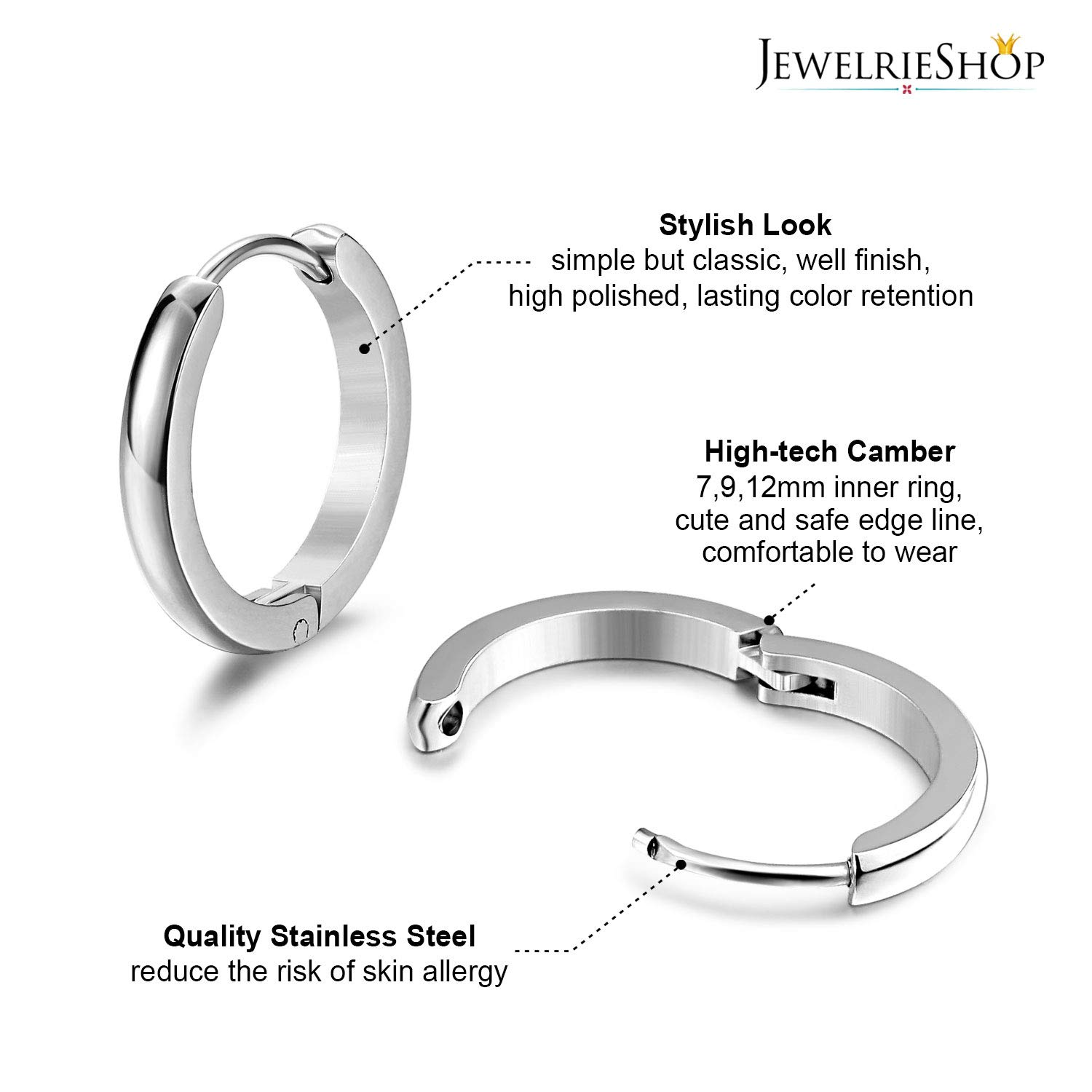 JewelrieShop Earrings Studs Set for Women Stainless Steel CZ Ball Flat Hoop Earing Hypoallergenic Silver Multiple Piercing Ear Stud for Men (15 Pairs, Silver Tone)