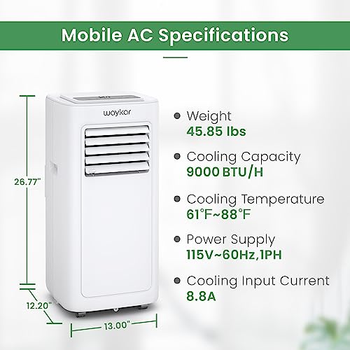 Waykar 9,000 BTU Portable Air Conditioner up to 450 Sq. Ft with Dehumidifier and Fan Mode, 3-in-1 Room AC with Drain Hose, 24Hrs Timer, Installation Kit for Home Office