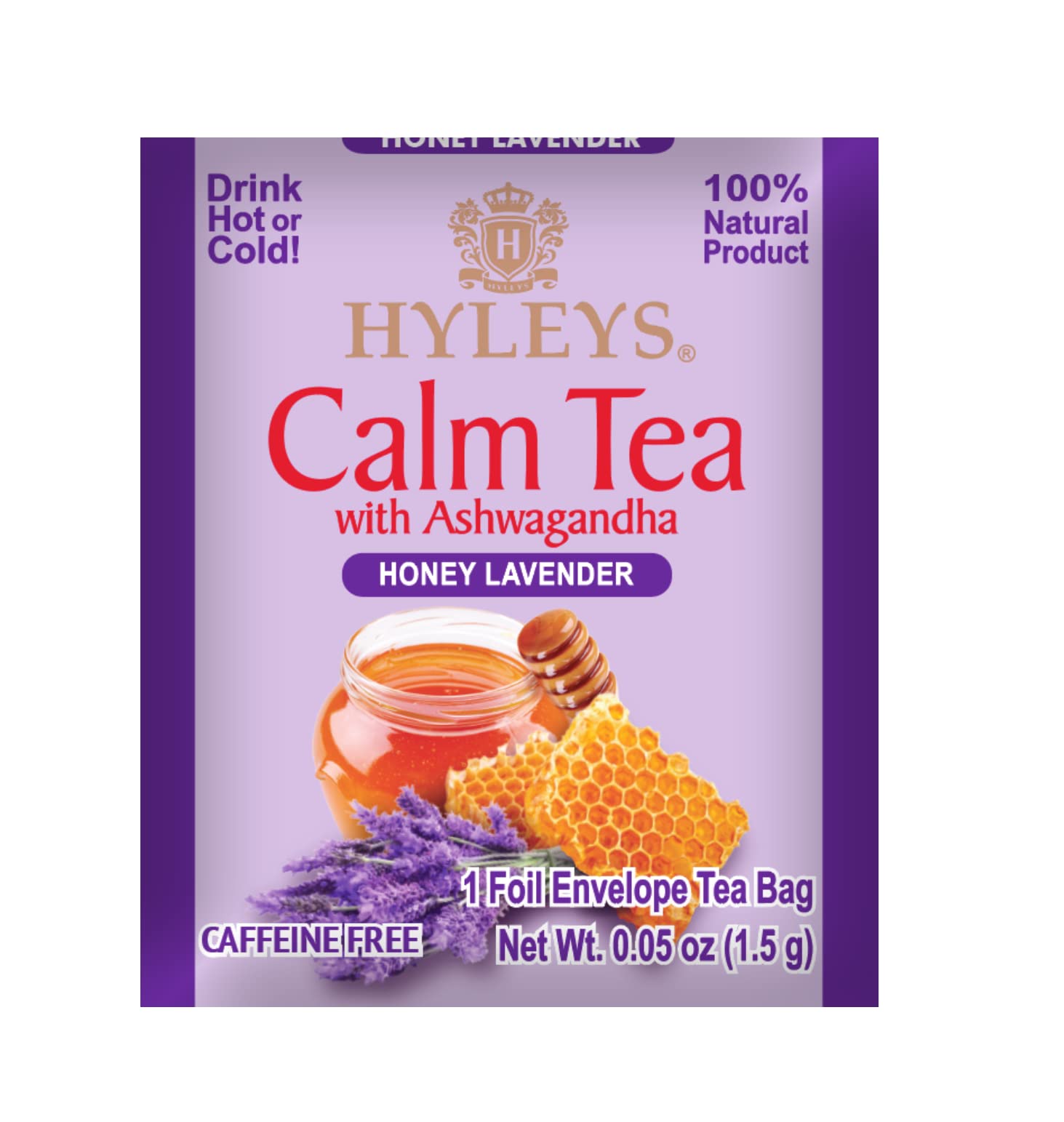 Hyleys Calm Tea with Ashwagandha - Lavender & Honey Flavor - Caffeine-Free, 100% Natural Herbal Tea - 25 Tea Bags
