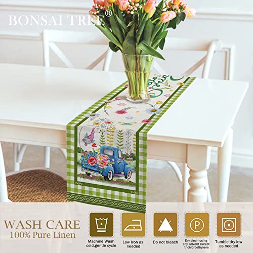 Spring Table Runner, Hello Spring Table Runners 72 Inches Long, Blue Truck with Gnomes Seasonal Runner, Flowers Blossoms Green Buffalo Plaid Small Coffee Table Cloth for Home Dining Room
