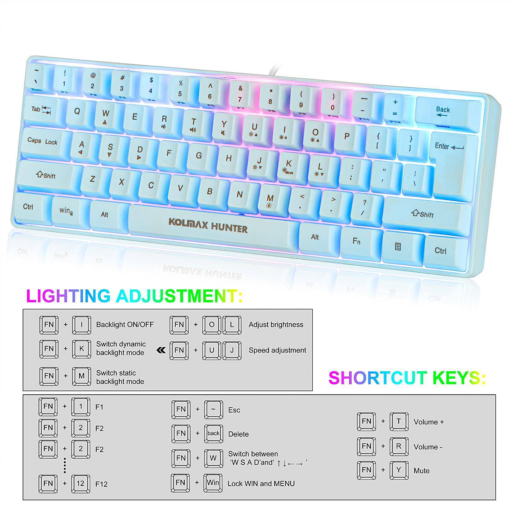 KOLMAX HUNTER 60% RGB Gaming Keyboard,61 Keys RGB Backlit Wired Gaming keyboard/Office Mini Keyboard for PC/Mac/Linux/Laptop(Blue)