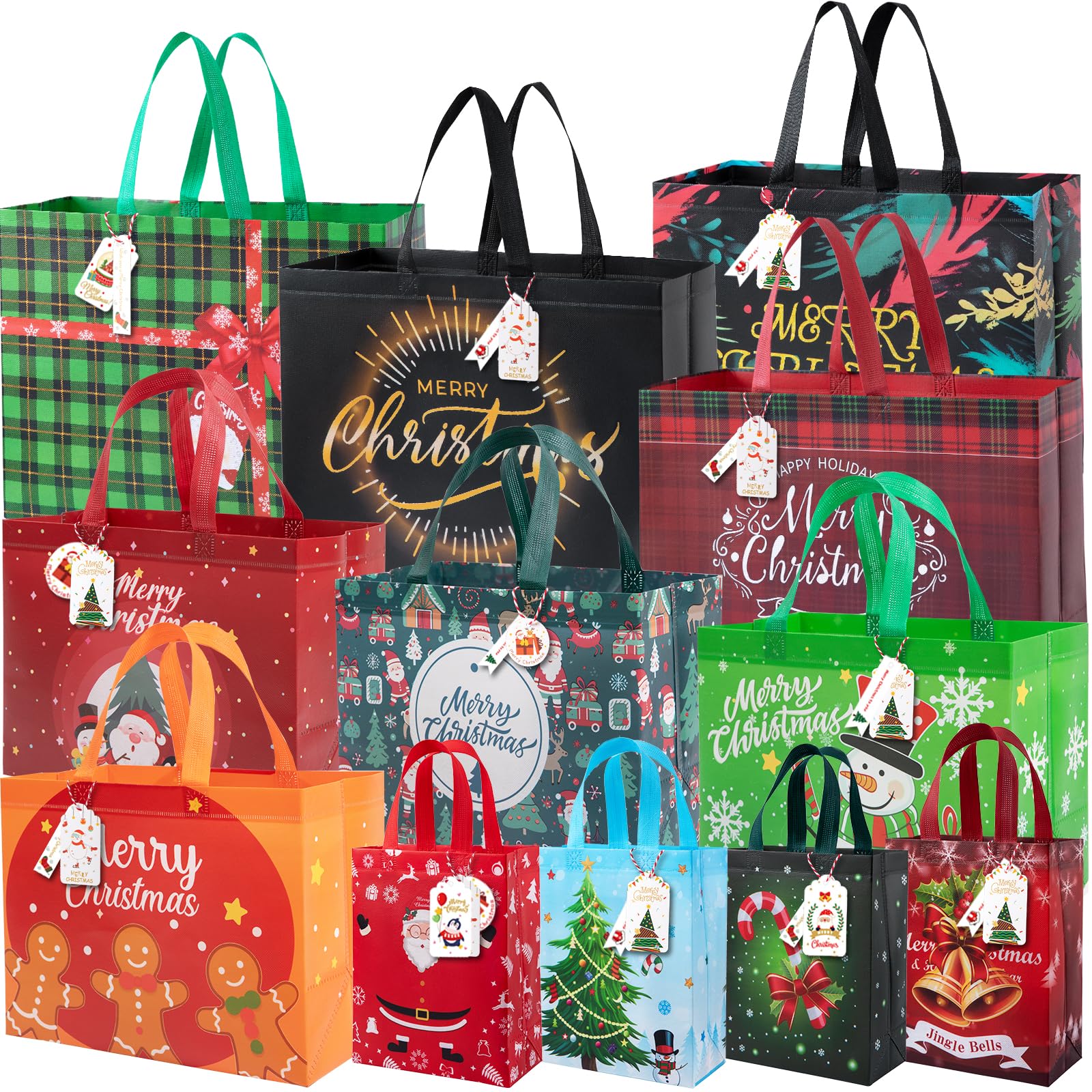ZUIYIN 20Pcs Christmas Gift Bags With Gift Tags, Assorted Sizes Gift Bags Reusable Extra Large Shopping Bags have Santa Claus Plaid Merry Christmas āPattern of Gift Bag for Christmas Party, Christmas Surprise