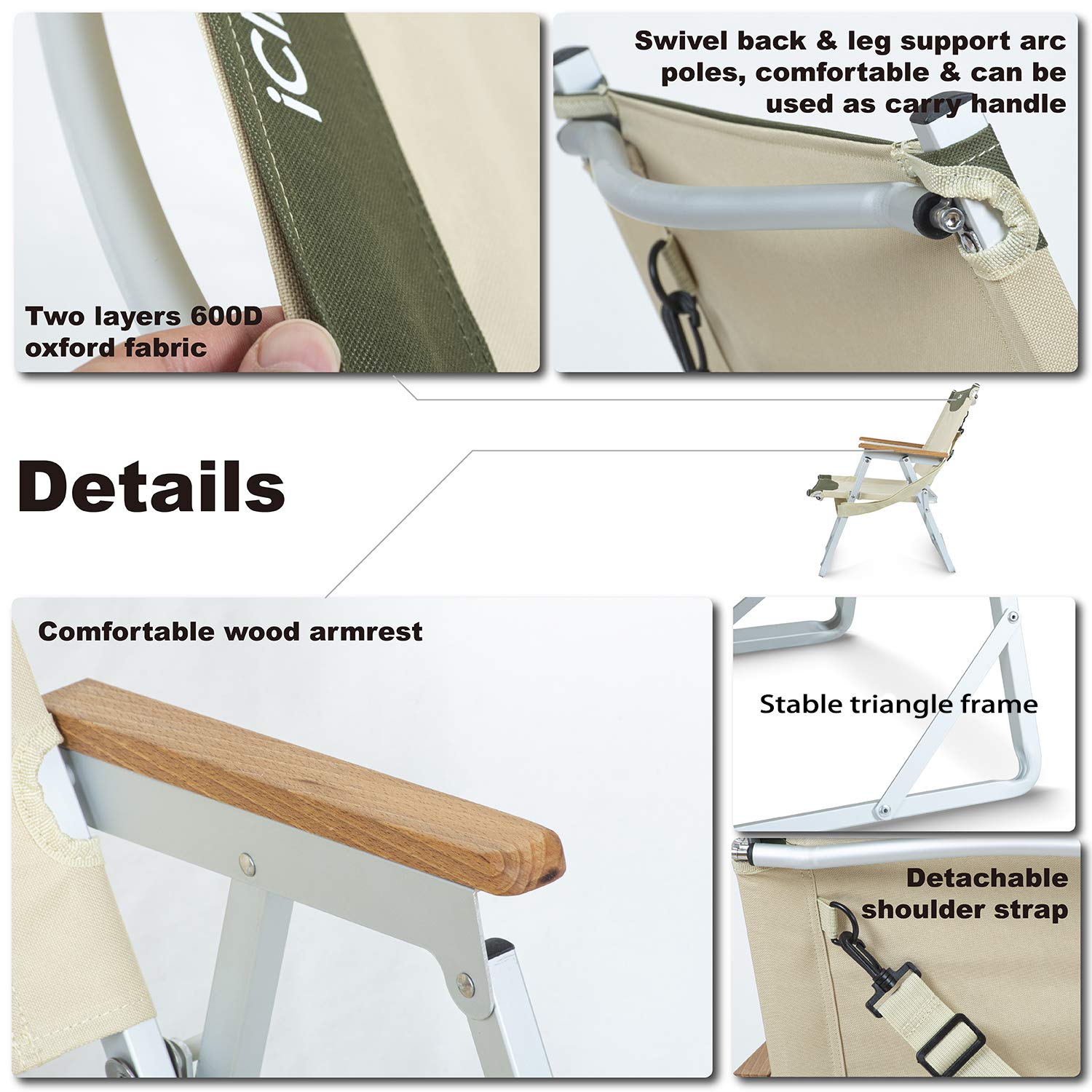 iClimb Ultralight Low Beach Concert Camping Folding Chair with Handle and Shoulder Strap (Beige - 2PC)