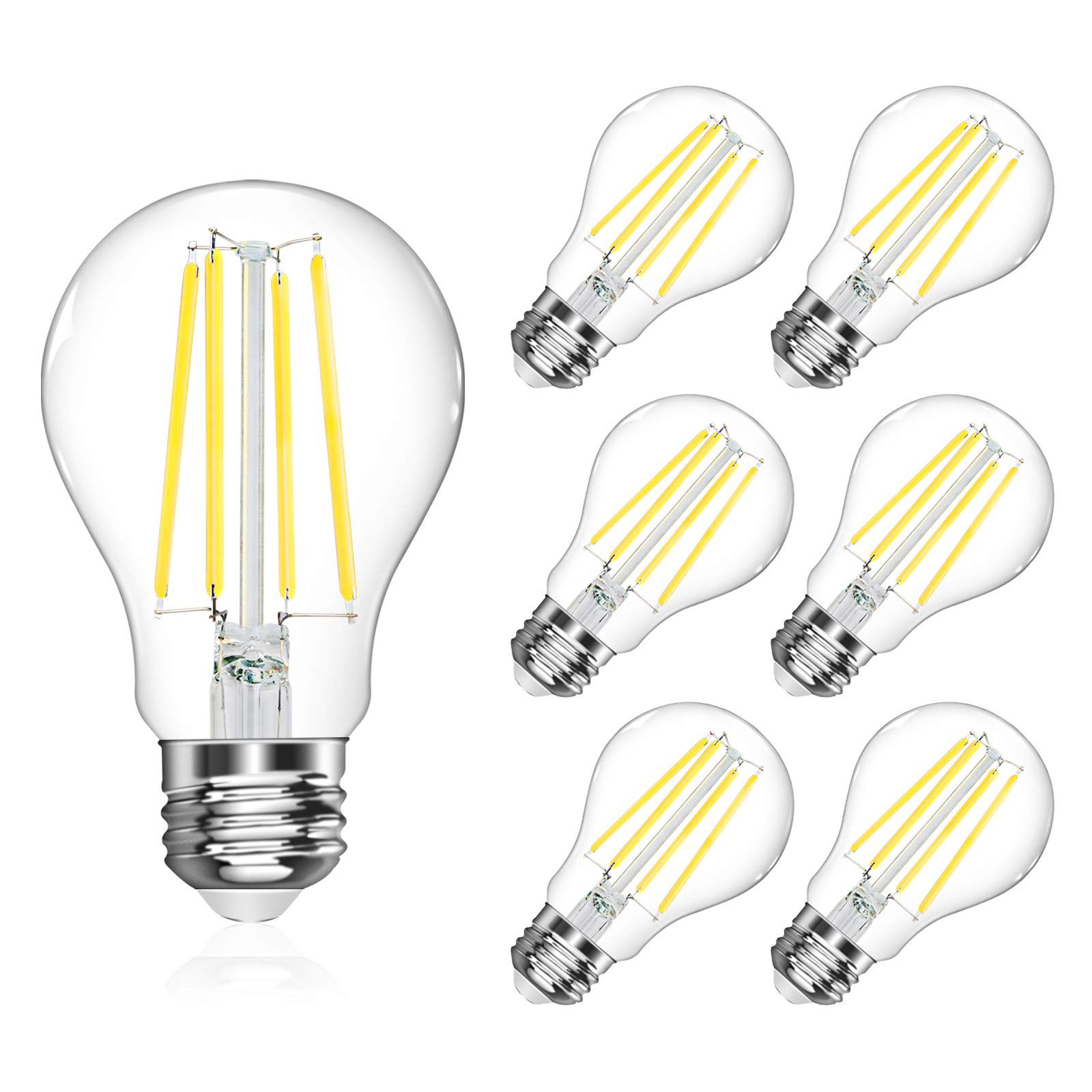 LANGREE A19 LED Light Filament Bulbs, 4000K Daylight White, Equivalent 60 Watt, E26 Medium Base Led Bulb, Non-Dimmable, High CRI 95+ Led Bulb, Clear Glass for Bathroom Kitchen Dining Room, Pack of 6