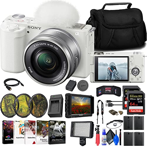 Sony ZV-E10 Mirrorless Camera with 16-50mm Lens (White) (ILCZV-E10L/W) + 4K Monitor + 2 x 64GB Card + Filter Kit + LED Light + External Charger + 3 x NPF-W50 Battery + Card Reader + More (Renewed)