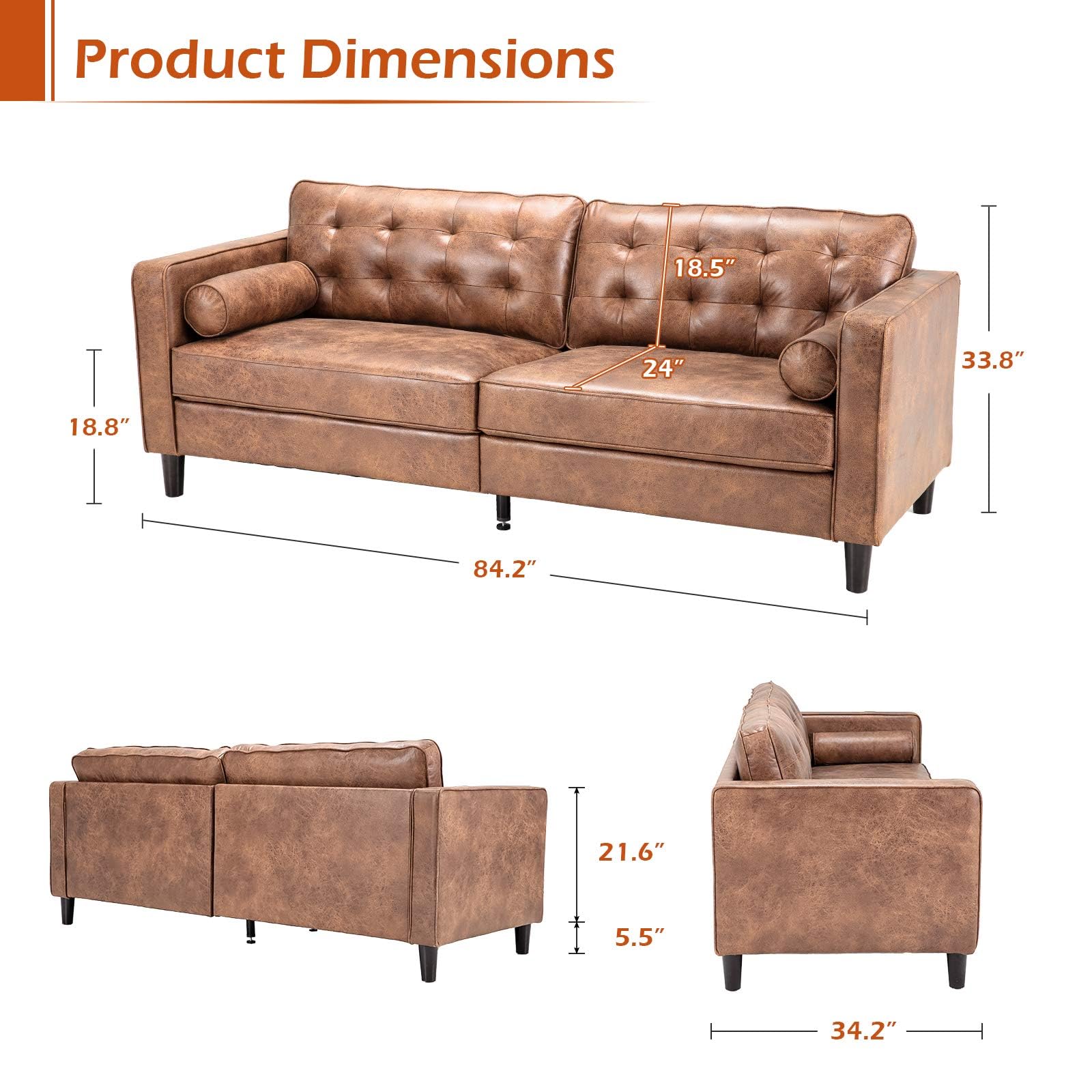YODOLLA 84.2" Leather Sofa Couch, Mid-Century Modern Sofa with 2 Bolster Pillows, 3 Seats Sofa Vintage Couch for Living Room, Studio and More, Brown