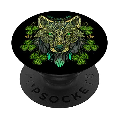 Wolf Face Head Mandala Irish Shamrock Clover St Patricks PopSockets Swappable PopGrip