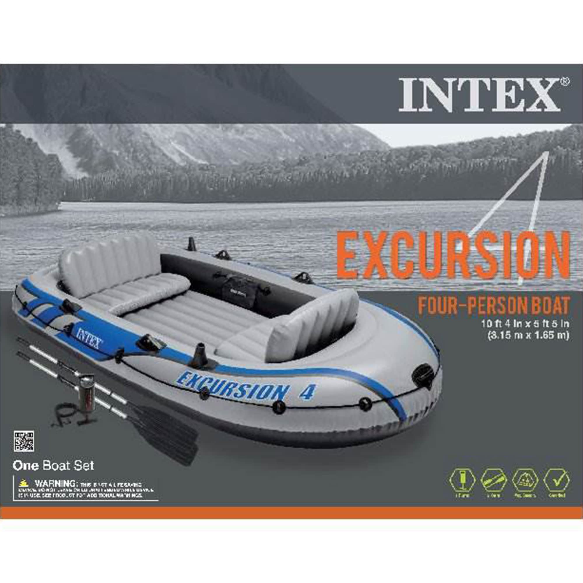 Intex Excursion 4 Inflatable 4 Person Fishing Boat Raft Set with Motor Mount Kit for Rivers and Lakes (Motor Not Included)