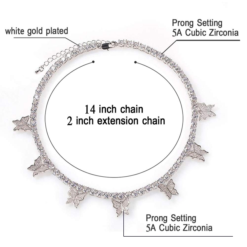 Jacruces Butterfly Necklace Tennis Chain Butterfly Choker Bling Iced CZ Butterfly Necklace Silver Women (16, 3mm-Silver)