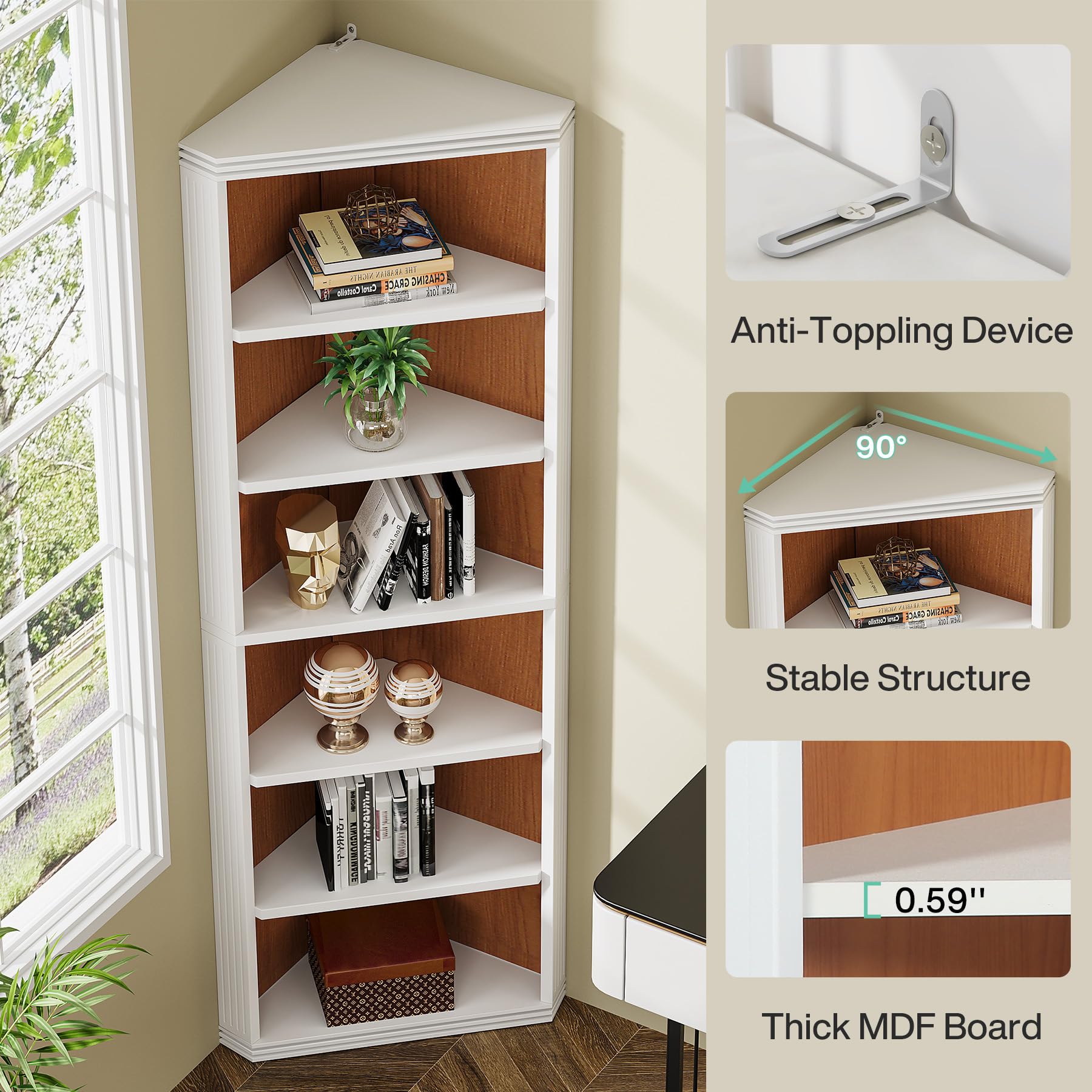 Tribesigns 7-Tier Corner Shelf, 70.87" Tall Corner Bookshelf, Modern White Corner Bookcase, Large Wood Display Shelf for Living Room, Bedroom, Home Office