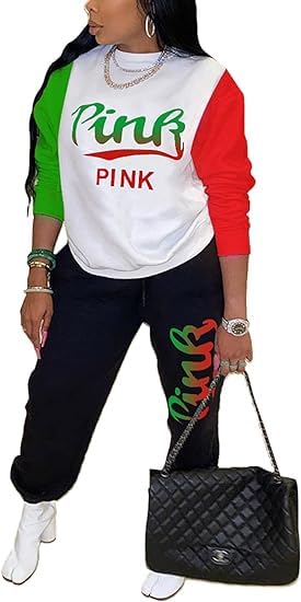 Nhicdns Women's 2 Piece Outfit Sweatsuits sets Letter Print Long Sleeve Pullover and Jogger Pants Tracksuits with Pockets Red&Green Large