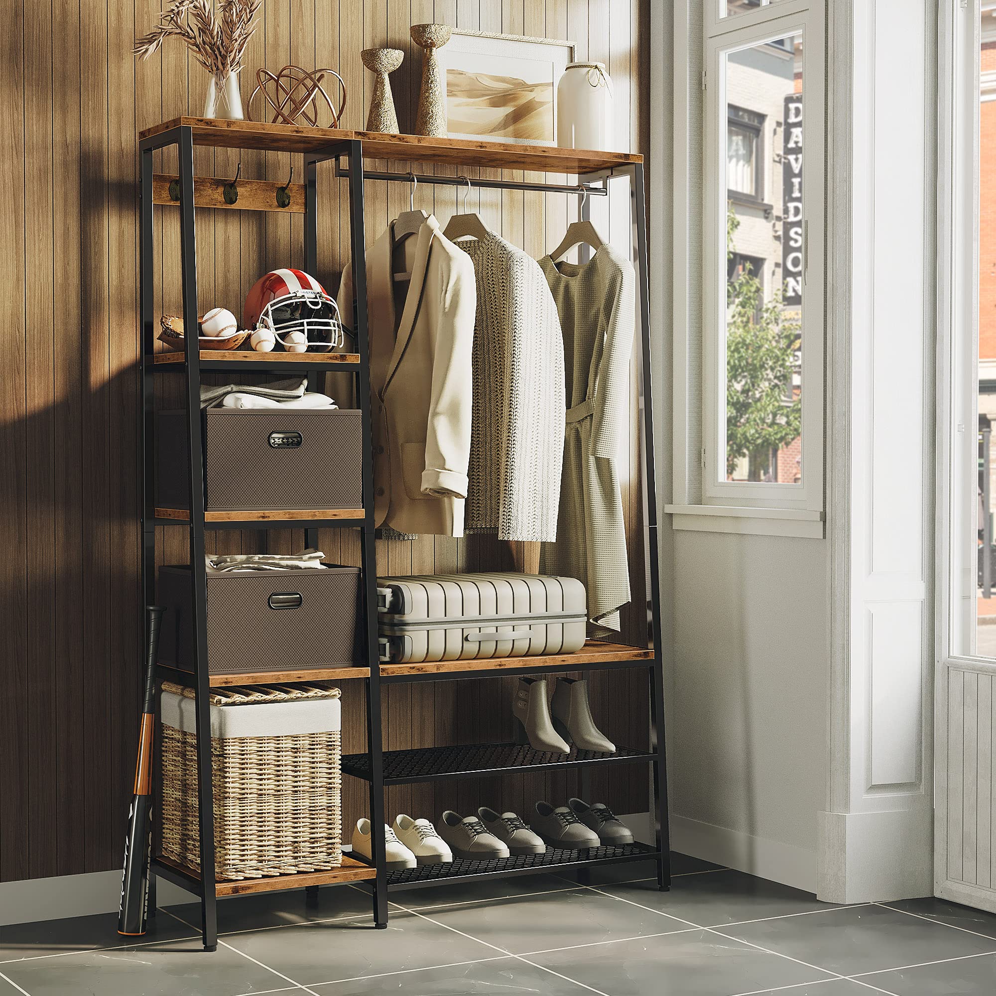 IRONCK Hall Tree with 3 Hooks, Coat Rack Free Standing, Industrial Entryway Organizer with Storage Bench, 5-in-1 Large Size