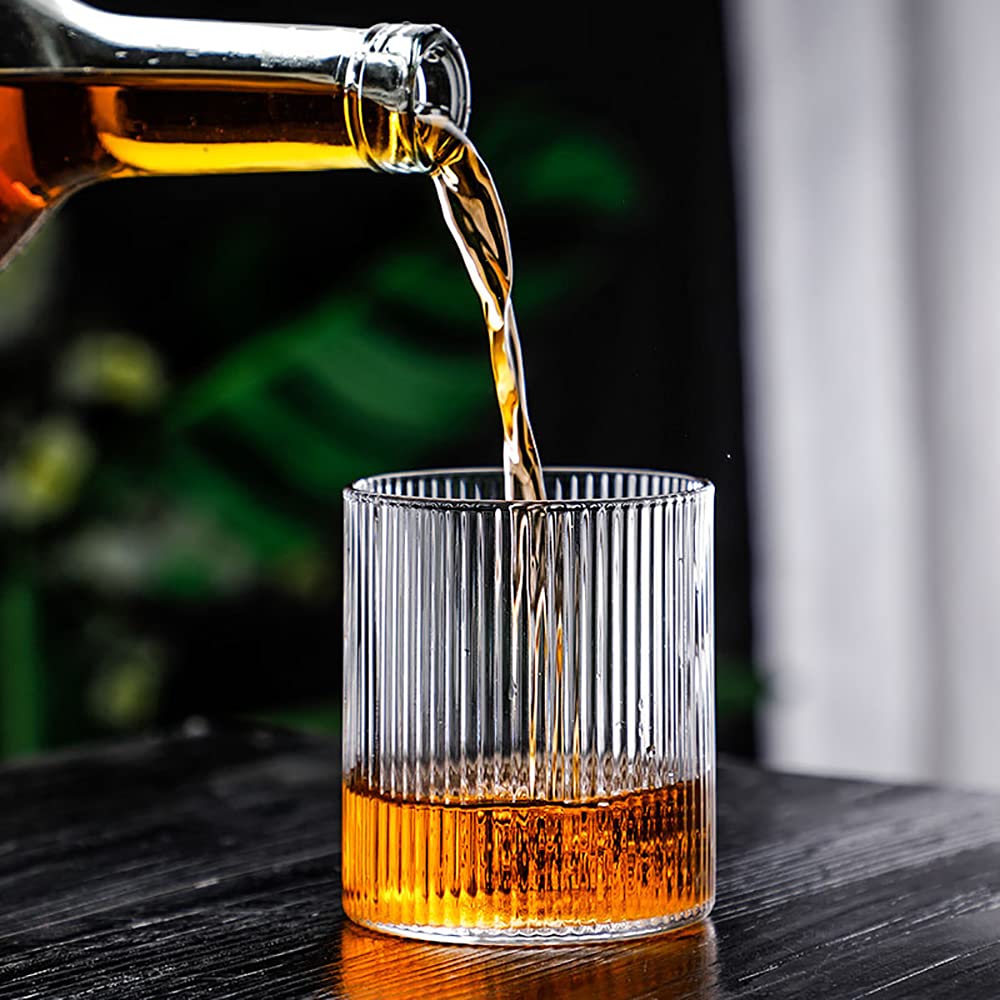 NF Old Fashioned Whiskey Glasses ,Retro Vertical Striped Glass Beverage Cups Glassware for Water, Beer, Juice, Bar Liquor Decor Gift (Thin line)