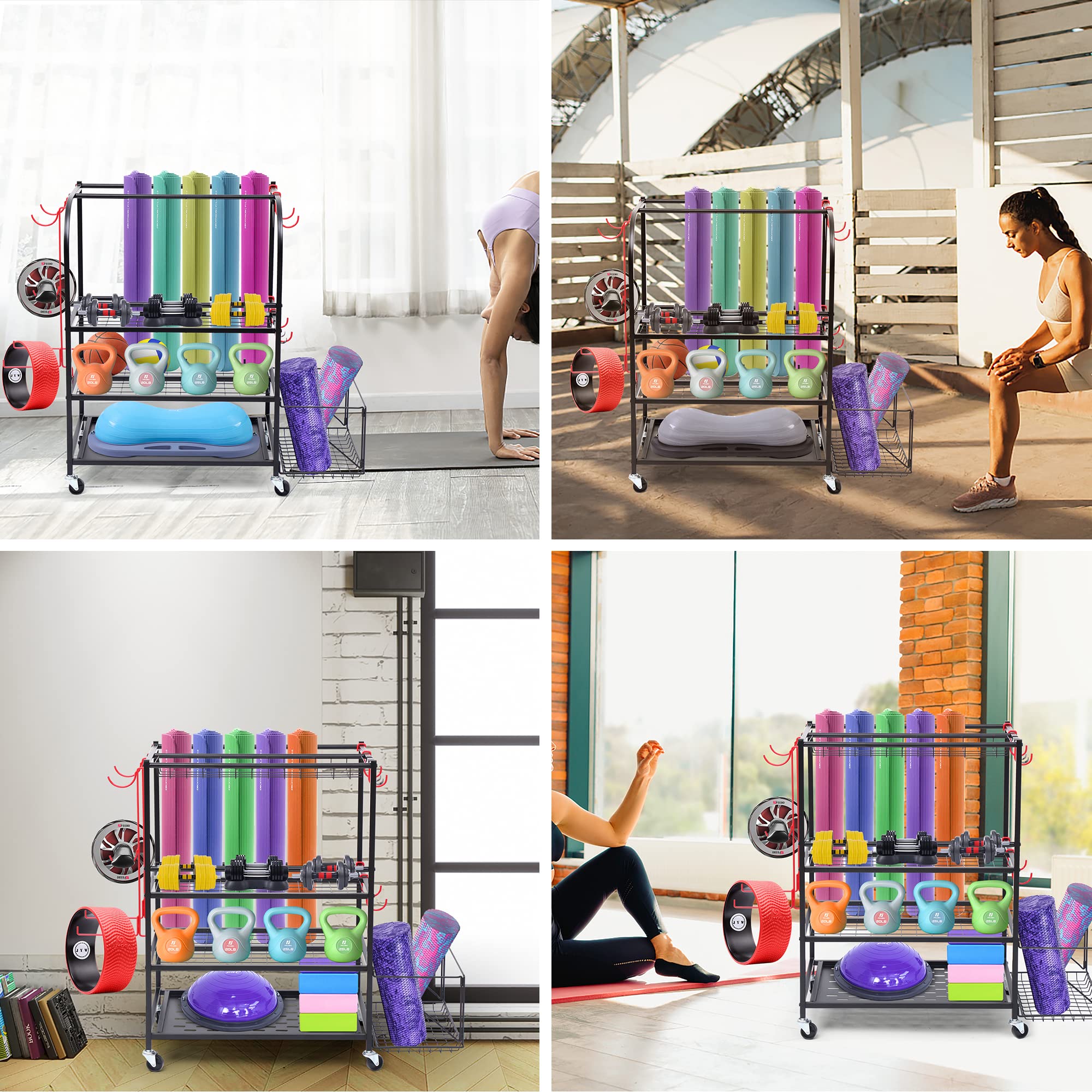Nice C Outdoor Toy Storage, Garage Organization, Sports Equipment Organizer, Rolling Garage Storage System, Ball Storage Rack, Yoga Mat Storage with Hooks and Basket (4-Layer)