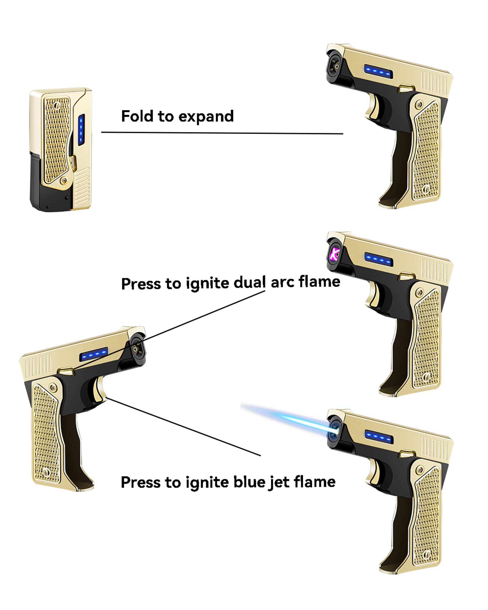 Jnfire 2 in 1 Lighter, Foldable Dual Arc Lighter and Butane Refillable Jet Flame Windproof, Electric USB Rechargeable, Cool Folding Lighter Gift for Men, Butane Not Included (Black Color)