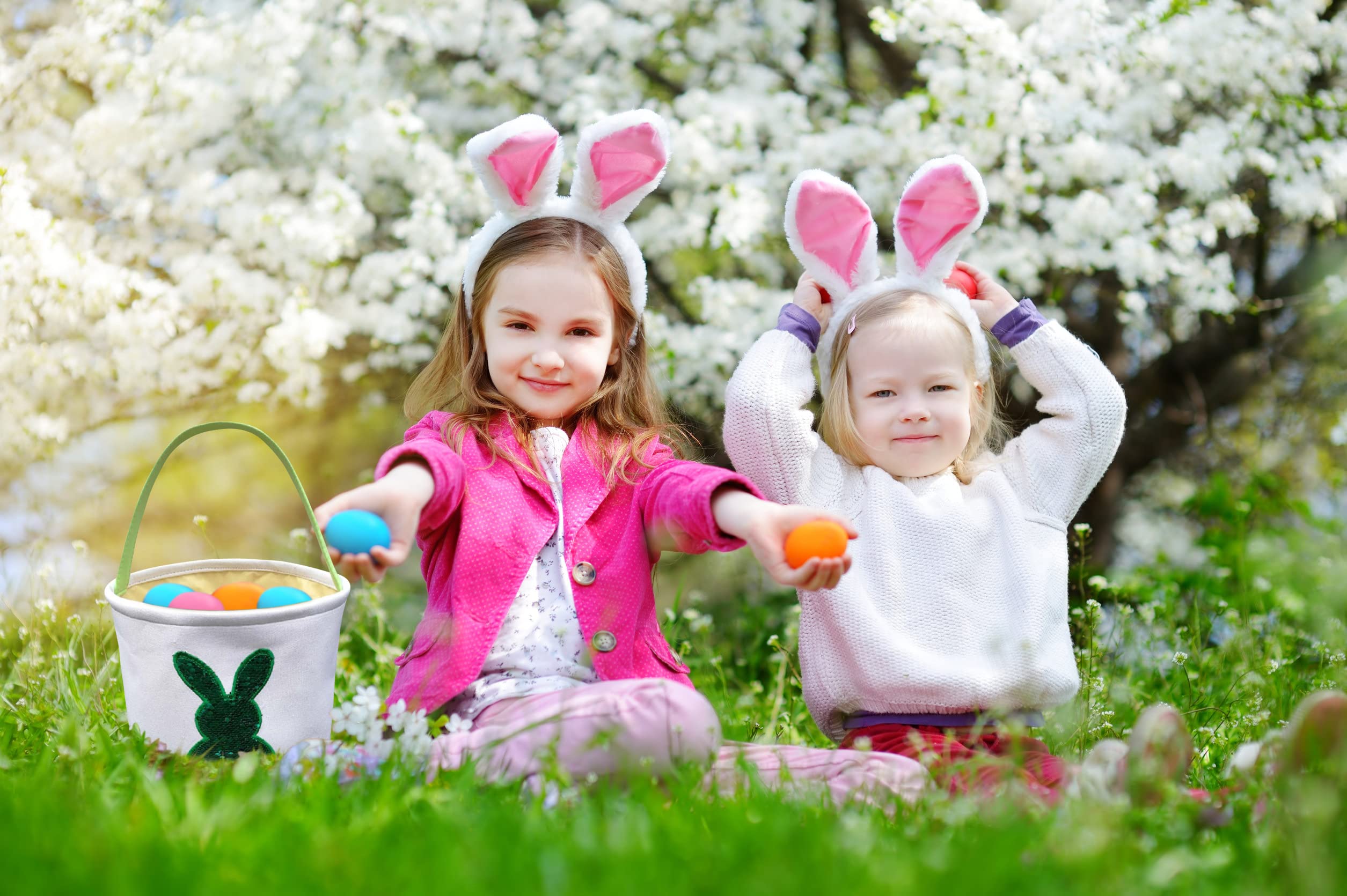Jolly Jon Easter Bunny Basket Bag - Green to Silver Sequin Colors - Kids Easter Egg Hunt Baskets - Color Changing Reusable Party Bags - Rabbit with Cotton Tail Canvas Tote