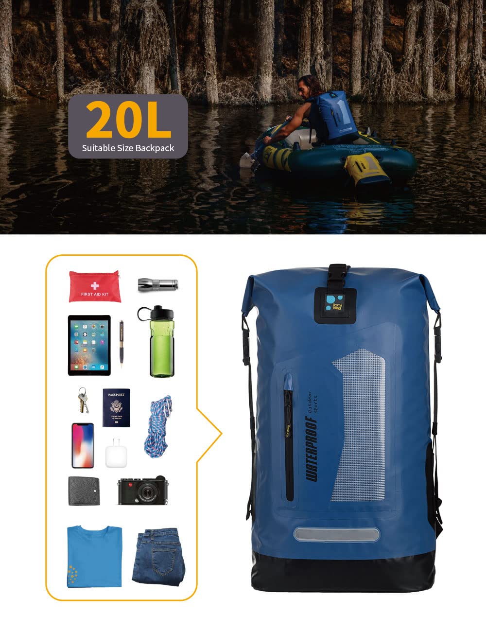 IDRYBAG Waterproof Backpack Dry Bag 20L/30L/40L, Floating Dry Backpack Waterproof for Men, Dry Sack Waterproof Bag for Backpacking Kayak