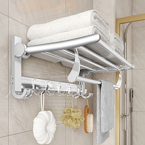 Towel Rack with Towel Bar for Bathroom Wall Mount,Foldable Toalla Holder with Hooks,Hotelier Rustproof Adjustable Bath Towels Shelf,No Drill,24 Inch Polished Silver