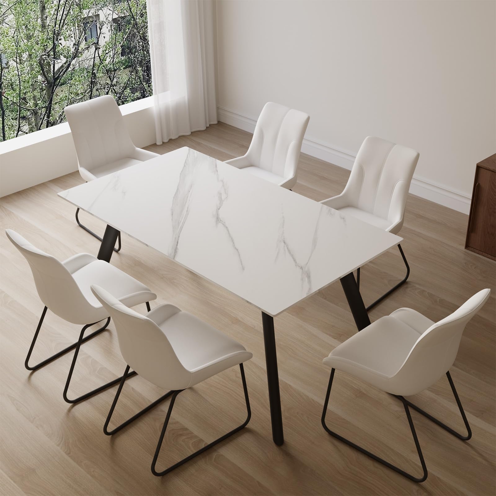 HIPIHOM Modern Dining Table Set for 6, Rectangular White Dining Sintered Stone Table and Chairs Set 6 for Home, Kitchen, Living Room, Dining Room (Table+6 Off-white Chairs)