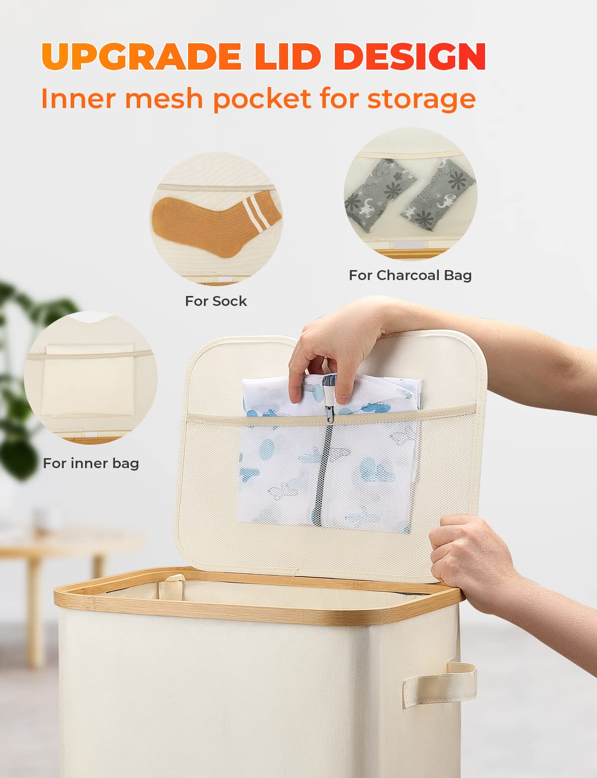 yamagahome Laundry Basket with Lid, 100L Collapsible Large Laundry Hamper with 2 Removable Laundry Bag and Upgrade Lid Design, Waterproof Laundry Basket Storage Made of Bamboo and Oxford