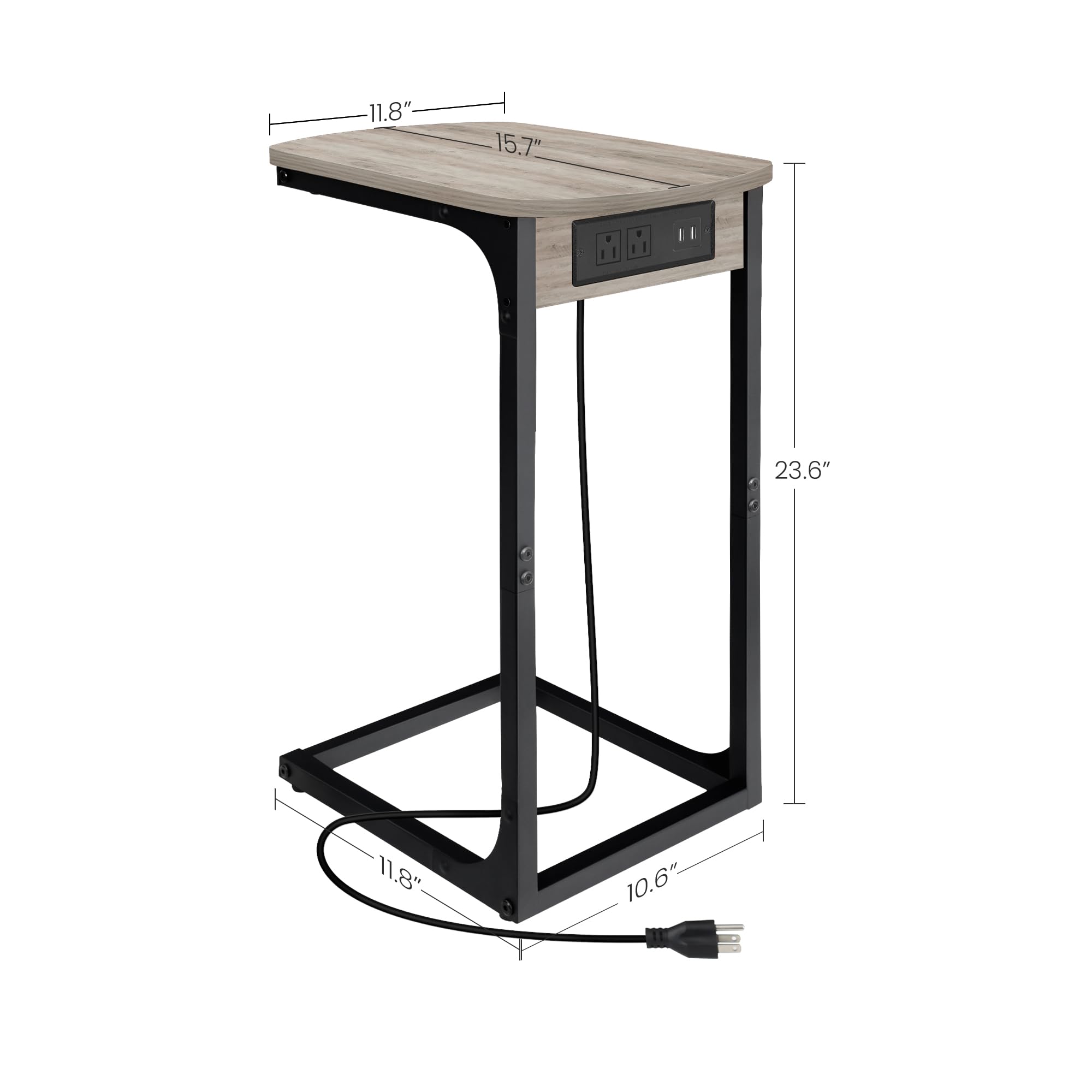 Hzuaneri L Shaped End Table with Charging Station, Bed Side Table with USB Port & Outlet, Couch Table, C Snack Table for Living Room, Bedroom, Greige and Black ET04905B