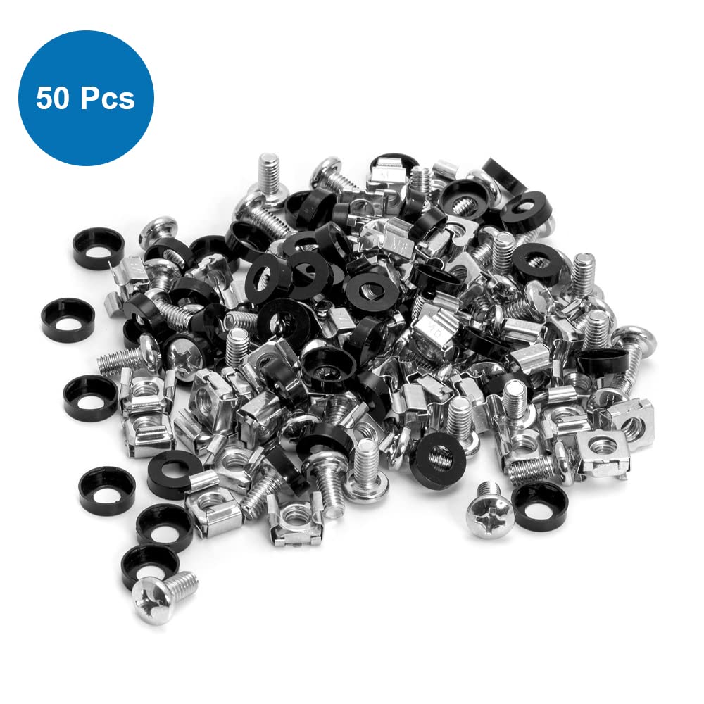 MMOBIEL 50 Pack Cage Nuts, Screws and Washers M6 x 16mm Rack Mount & Washers for Rack Mount Server Cabinets, Rack Mount Server Shelves, Routers