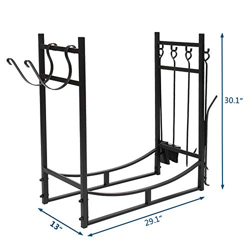 Outvita 30 Inch Firewood Rack with 4 Tools, Heavy Duty Iron Fireplace Wood Log Storage with Removable Kindling Holder for Indoor Outdoor Use Black