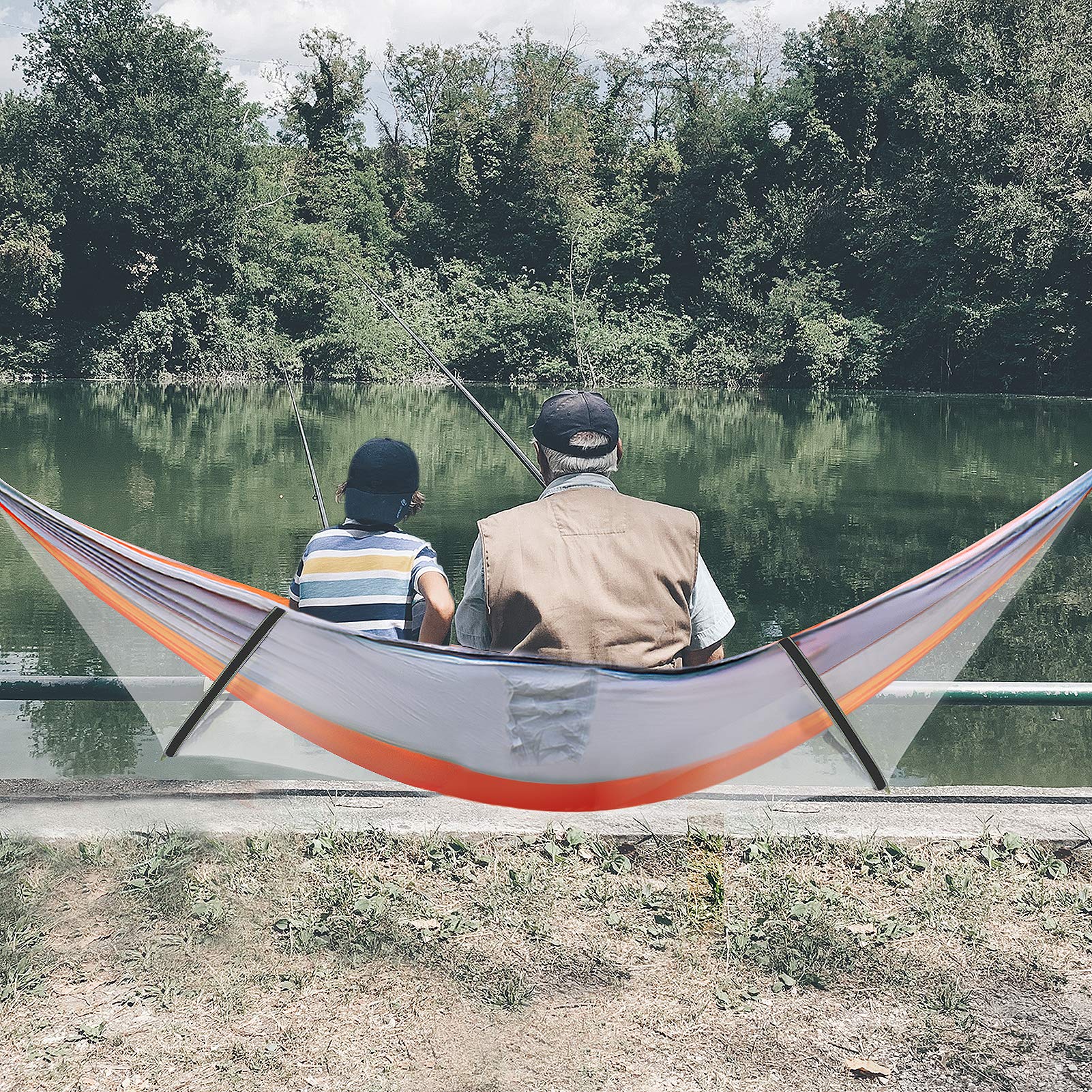 Large Camping Hammock with Mosquito Net, Lightweight Double & Single Hammock Tent for Camping Portable Travel Hammock Sturdy and 500lb Load-Bearing for Outdoor Hiking Backpacking Backyard Patio