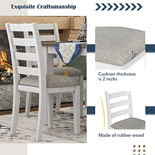Winwee 6 Piece Dining Table Set, Wood Dining Room Table Set with 4 Upholstered Chairs & a Bench, Rustic Style Kitchen Table Set for 6 Persons, 36x60 Inch Kitchen Table (Gray+ White)