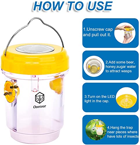 Petoor Wasp Trap Outdoor - Solar Powered Killer Effective Hornet for Wasps, Hornets, Insects, Yellow Jacket Fruit Fly Pack of 2, 2022 yellow