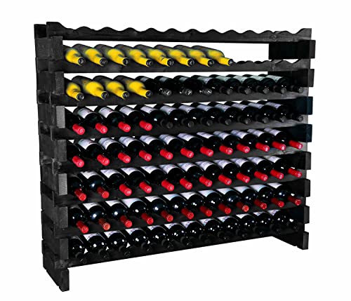 Stackable Modular Wine Rack Wine Storage Rack Wine Holder Display Shelves for Wine Cellar or Basement, Freestanding Wine Rack Thick Wood Wobble-Free (Black, 12 X 8 Rows (96 Slots))