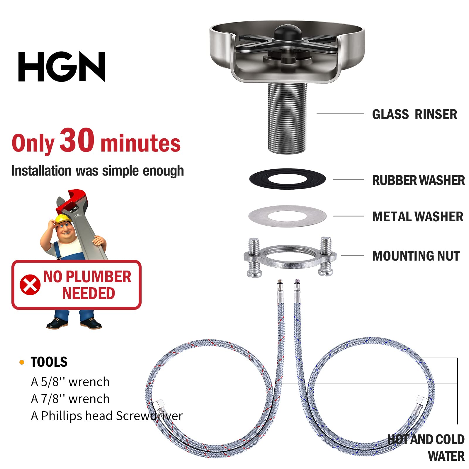 HGN Hot and Cold Glass Rinser,Temperature Adjustable Metal Bottle Washer for Kitchen Sinks,bottle washer for kitchen sink,Kitchen Sink Accessories,Brushed Nickel