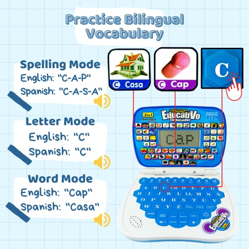 ZeenKind Bilingual Spanish English Learning Small Laptop Toy with Screen for Kids, Toddlers, Boys and Girls | Educational Computer to Learn Alphabet ABC, Numbers, Words, Spelling, Maths, Music.