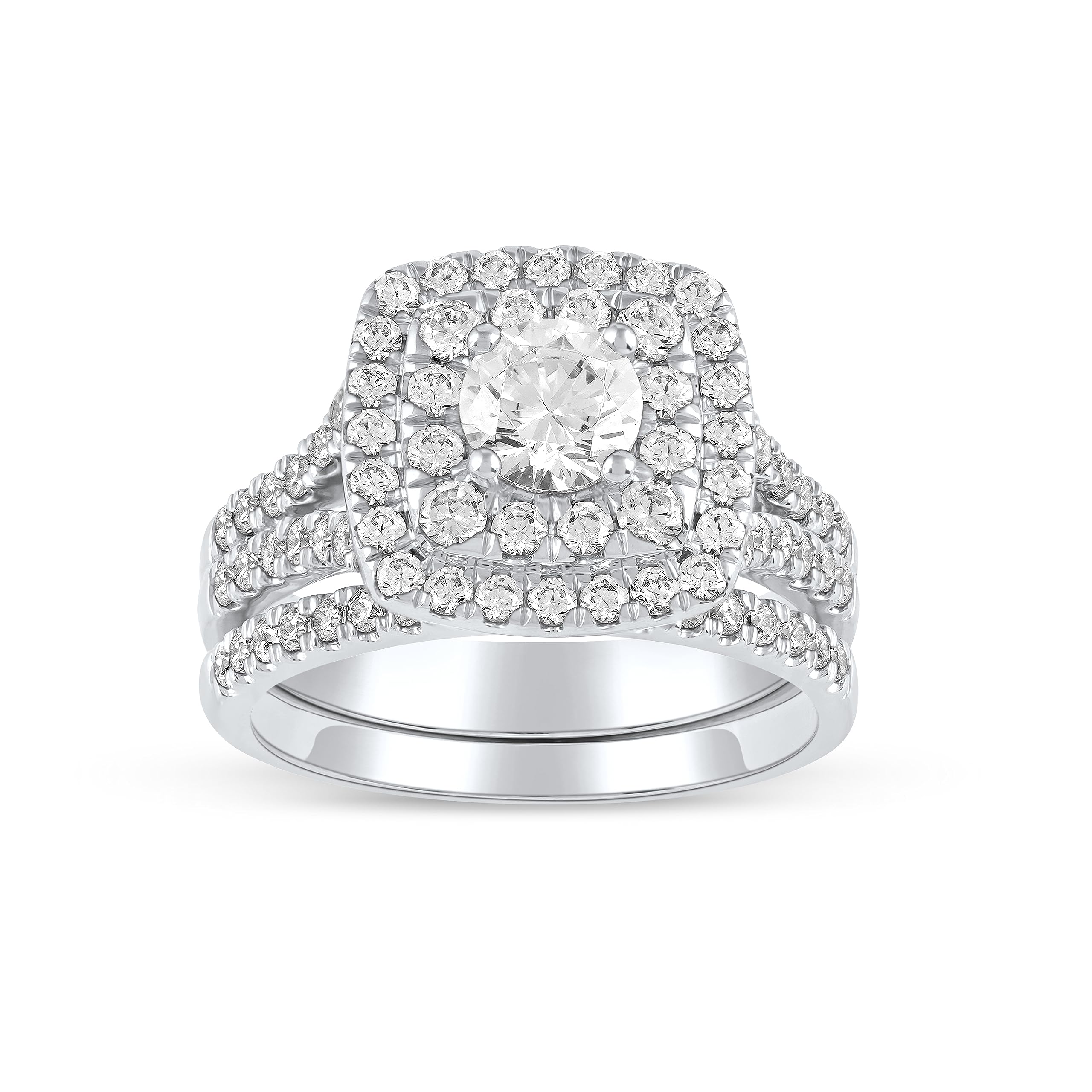 IGI Certified 14k White Gold 2ct TDW Round Cut Diamond Double Halo Engagement Ring Set (I-J, I2)