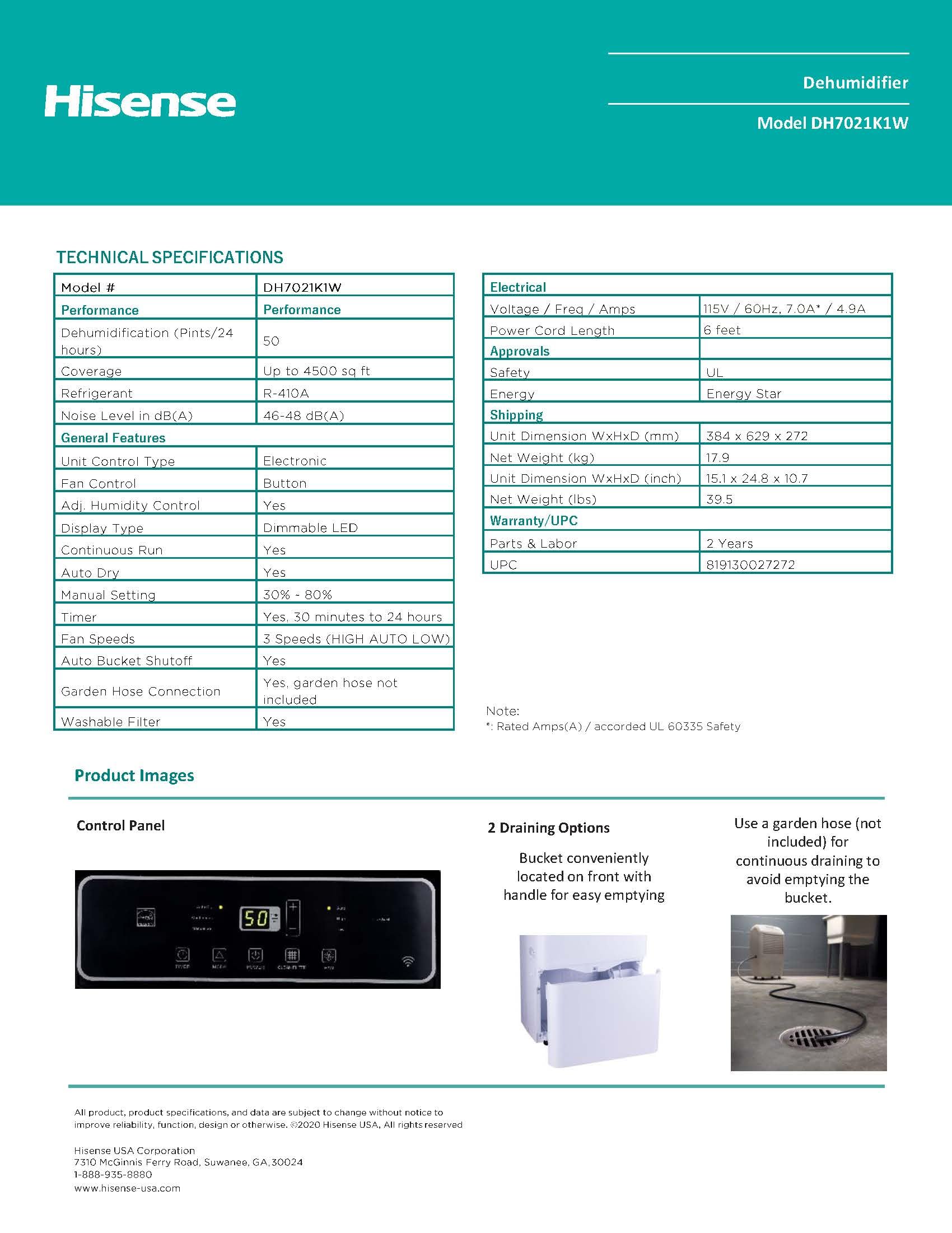 Hisense 50 Pint 3-Speeds Dehumidifier, 3 Modes β Auto, Continuous, Manual, 115v, LED Display, Noise Level 46 dB, 24-hour on/off timer, Up to 4500 sq. ft. - DH7021K1W (Renewed)