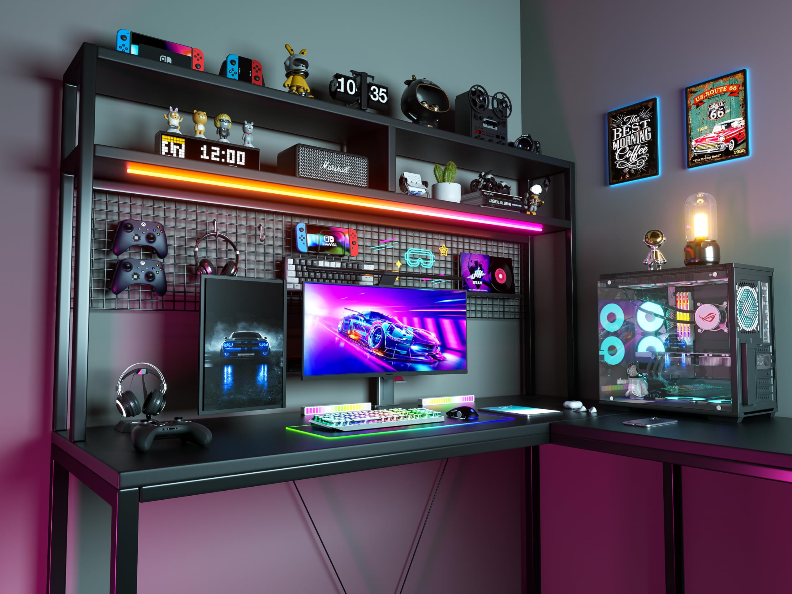 VEELOK 67 inch L Shaped Gaming Desk with Hutch Pegboard LED Lights, L Shape Desk for Home Office Bedroom