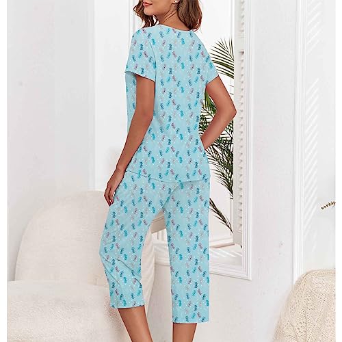 Women Summer Pajamas Soft Sleepwear Top with Capri Pants Ladies Short Sleeve Cotton Pajamas Sets Blue Butterfly X-Large