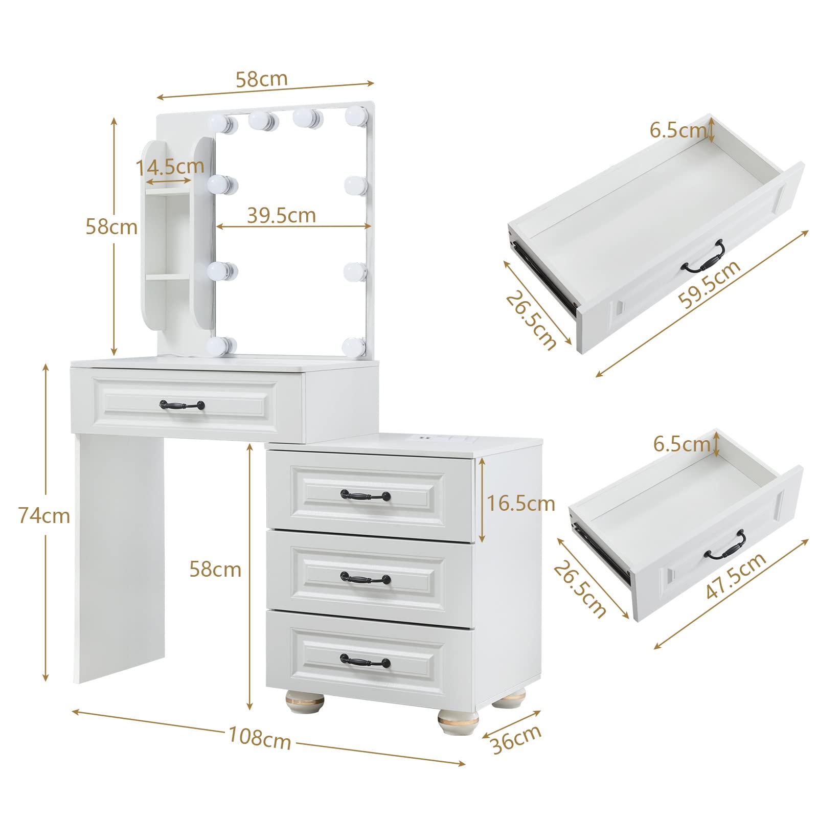 Jarbalai Makeup Vanity with 10 LED Bulbs Lighted Mirror, Modern Vanity Desk with Charging Station, White Makeup Dressing Table with 4 Drawers & Cushioned Stool Set for Bedroom