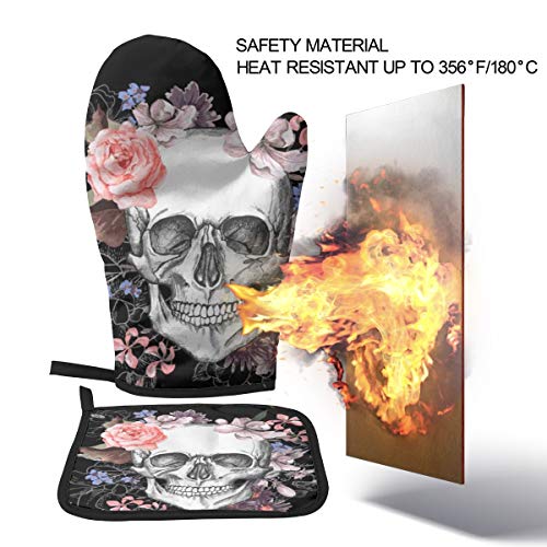 MSGUIDE Skull and Flowers Day of The Dead Oven Mitts -Heat Resistant 500 Degrees-Non Slip Kitchen Pot Holders Sets - Cooking Safe Gloves Soft Inner Lining