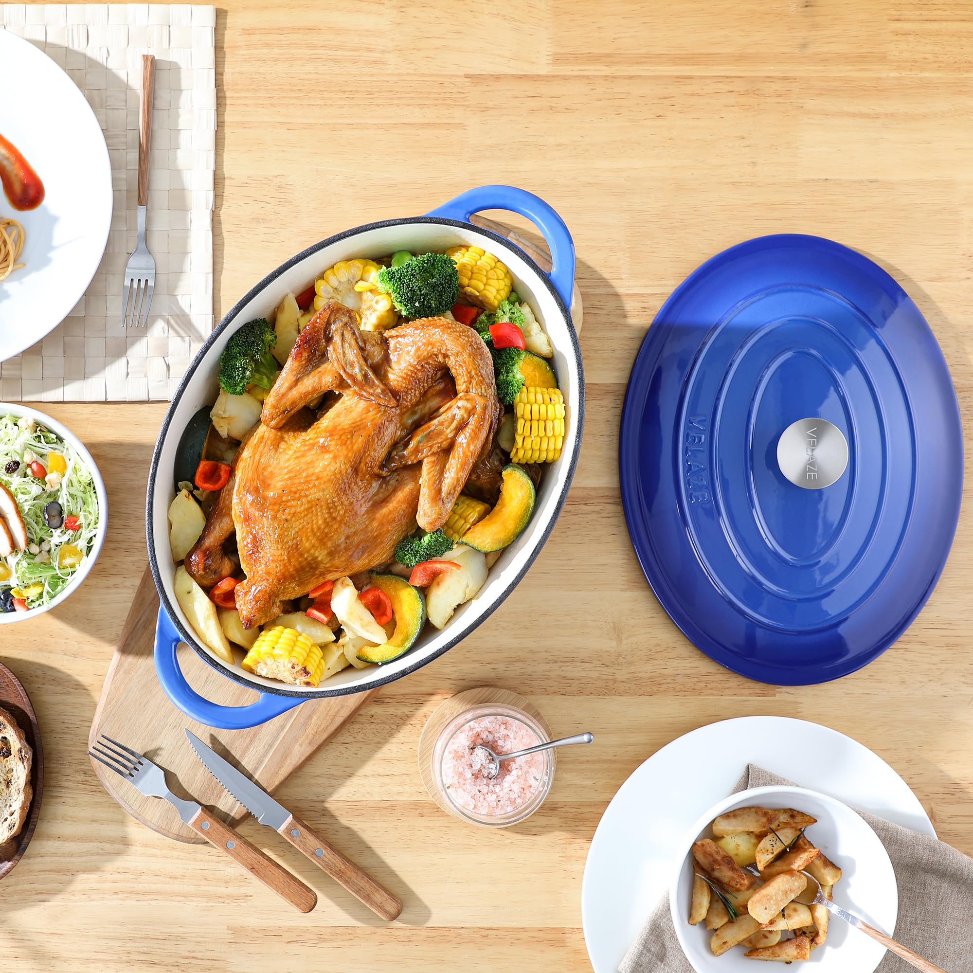 Velaze 7.5 QT Enameled Oval Dutch Oven Pot with Lid, Cast Iron Dutch Oven with Dual Handles for Bread Baking, Cooking, Frying, Non-stick Enamel Coated Cookware(Blue)