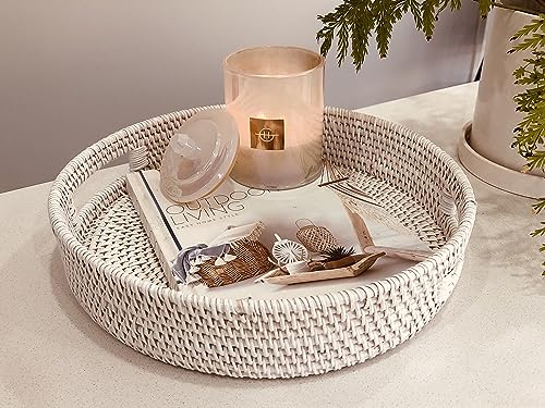 SIMPLY FABULOUS Round White Rattan Serving Tray with Handles, 11.8 inch, Hand Woven in a Durable Stunning Design, A Great Serving Basket for Food or Drinks