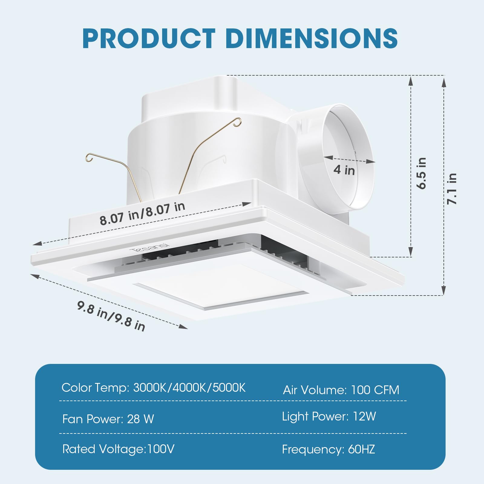 Tesansi Bathroom Exhaust Fan with Light, 12W Bathroom Fan with LED Light Combo - 100 CFM & 1.0 Sones, 3000K/4000K/5000K Adjustable - Low Noise Ventilation Fan for Home/Bath/Office/Hotel