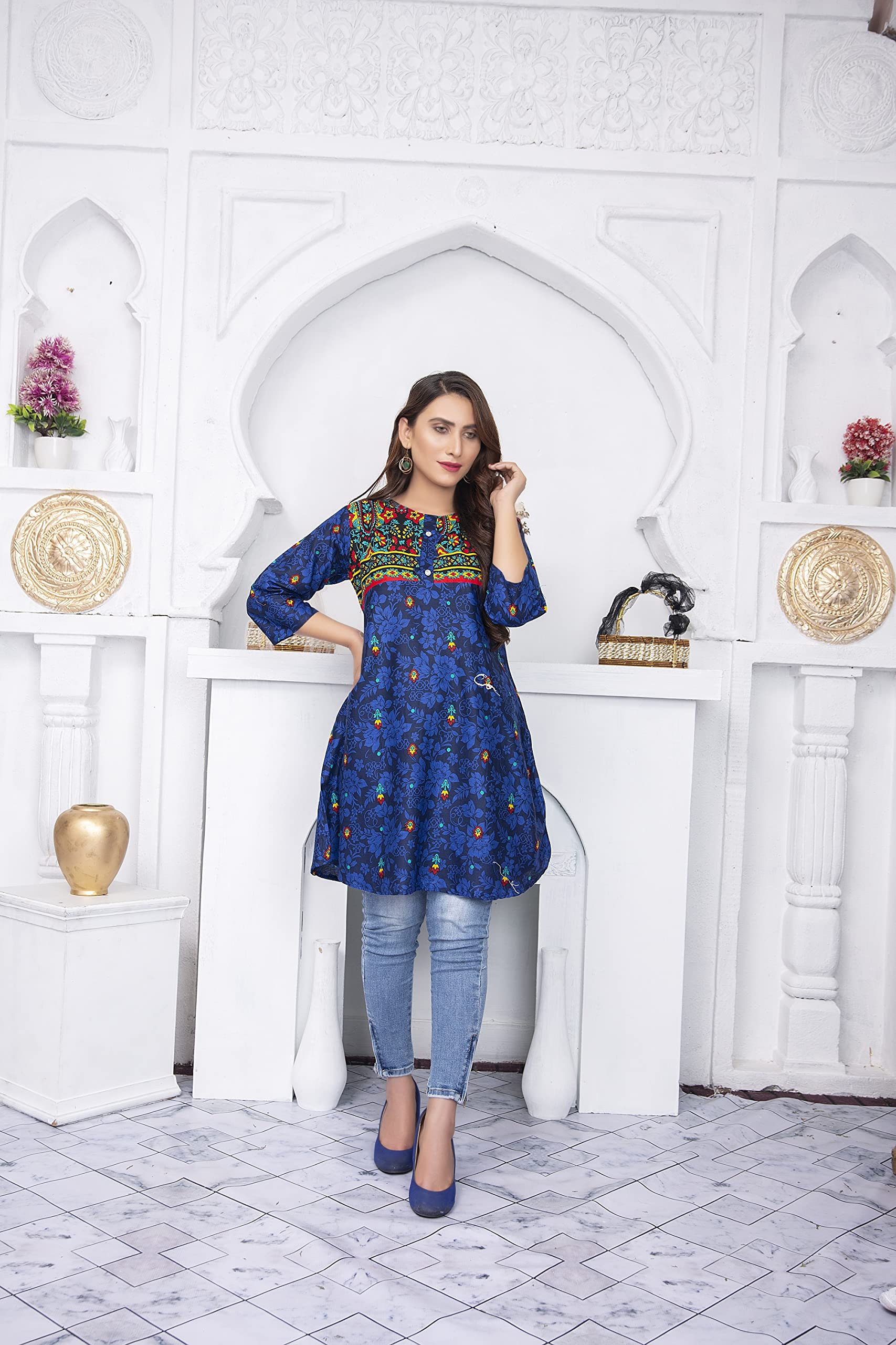 IshDeena Pakistani Kurtis for women Indian Style Cotton Tunics Womens Tops Printed Lawn (Small, Midnight Blue)