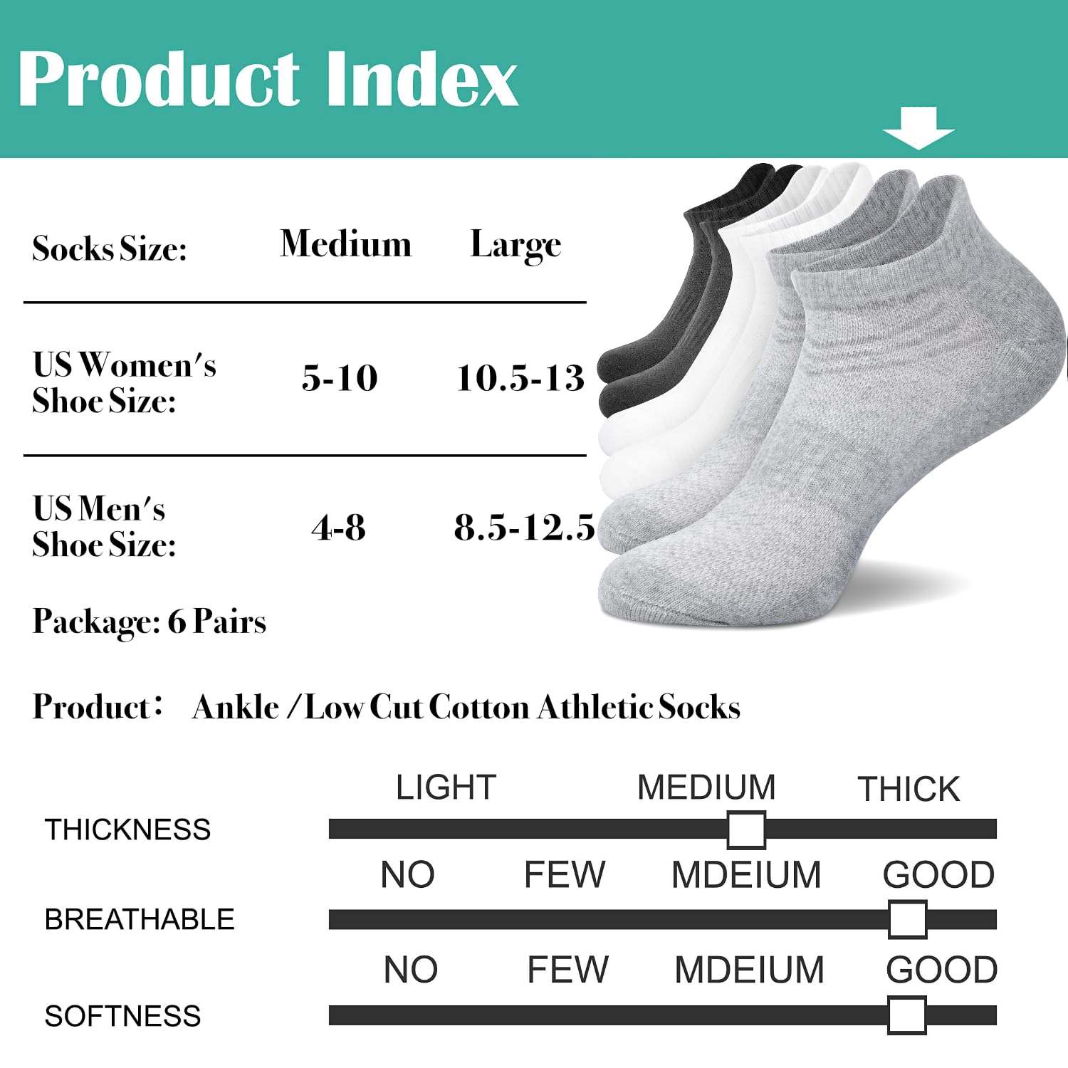 NevEND 6 Pairs Women's and Men's Cotton Cushioned Ankle Socks Running Low Cut Tab Socks M Mixed